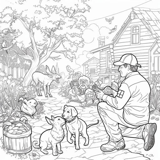 A playful scene with a veterinarian and animals in the style of a ...