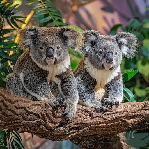 Two koalas at the edge of a branch, playful and curious, vibrant ...