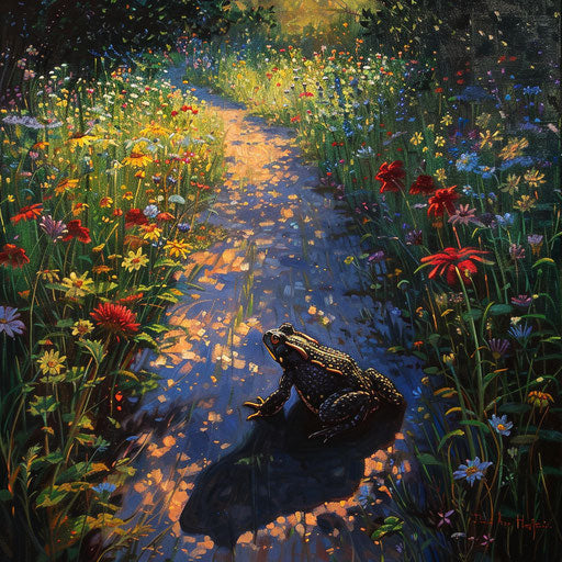 Shadow of a Western leopard toad on a sunlit path surrounded by ...