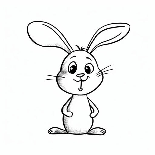 A smiling rabbit in simplified line work, child's drawing black and ...