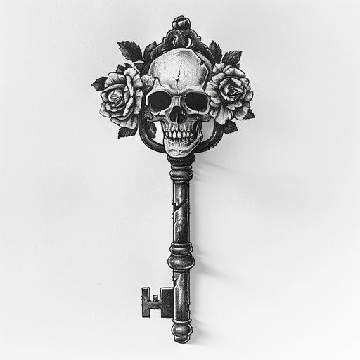 Detailed gothic key, bone and rose handle, black and grey ink on white ...