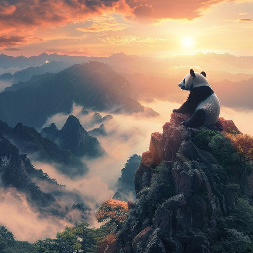 Majestic giant panda on mountain peak, panoramic misty view dawn – IMAGELLA