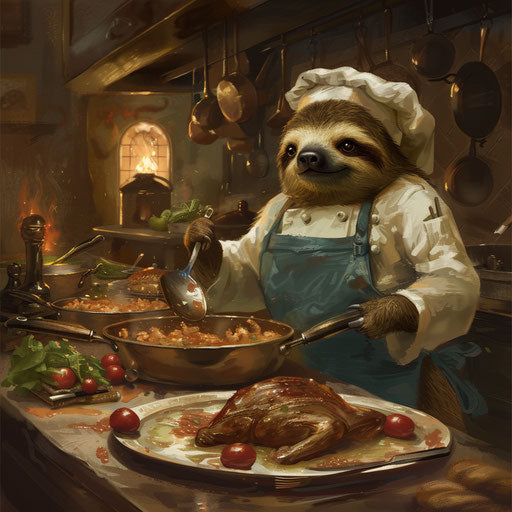 A sloth master chef cooking exotic dishes in a gourmet kitchen – IMAGELLA