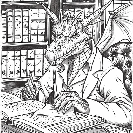 Dragon journalist writing a story, in the style of Andy Marlette ...