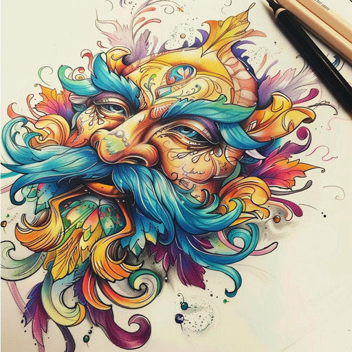 Fantasy tattoo sketch of a whimsical mustache with magical elements and ...