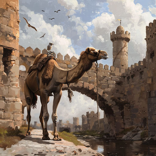 A camel at the gates of an old fortress, bridge between modern life and ...