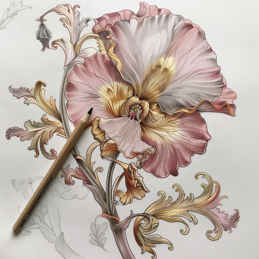 Rococo inspired tattoo sketch of a sweet pea with ornate details and a ...