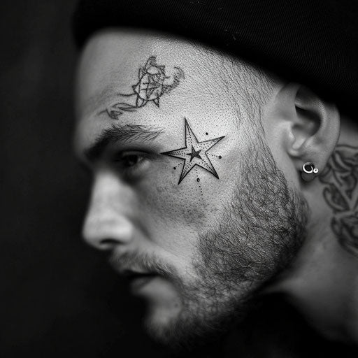 Minimalist star face tattoos for men, in the style of Ami James – IMAGELLA