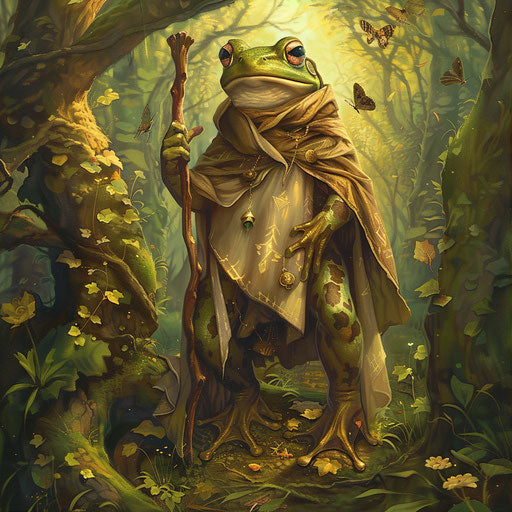 An illustration of a wise frog with a staff in an enchanted forest ...