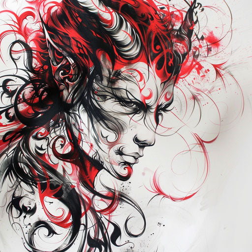 Abstract devil illustration with swirling red and black patterns on ...