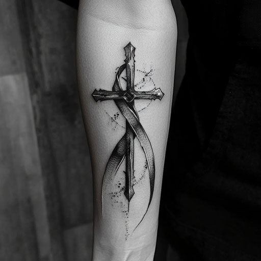 Cancer tattoo with a gothic cross wrapped in a ribbon on the forearm in ...