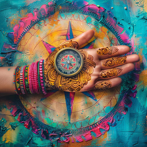 Hand painted with henna designs holding a compass – IMAGELLA