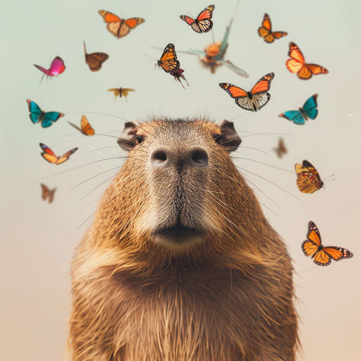 Capybara surrounded by butterflies, Elke Vogelsang style – IMAGELLA