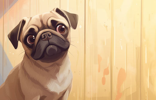 Joyful pug dog in front of a door, exaggerated features – IMAGELLA