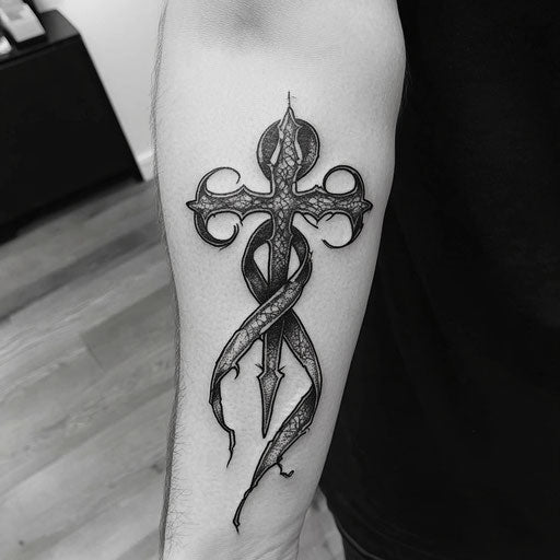 Cancer tattoo with gothic cross wrapped in ribbon on forearm Gerald ...