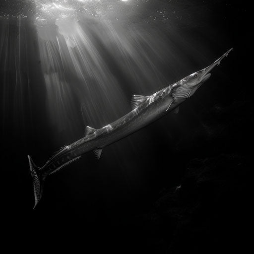 Pez esturión en un escenario submarino en blanco y negro de alto ...