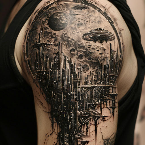 Futuristic shoulder tattoo with alien worlds and futuristic cities ...