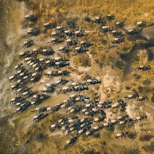 Aerial view of herds of animals migrating through African grasslands ...