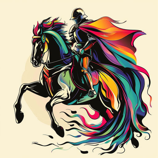 Knight charging on horseback with flowing cape, vibrant colors – IMAGELLA