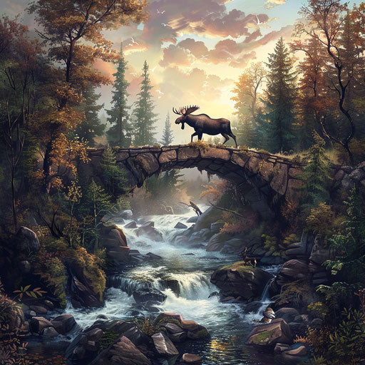 A moose crossing a natural stone bridge over a rushing river in a lush ...