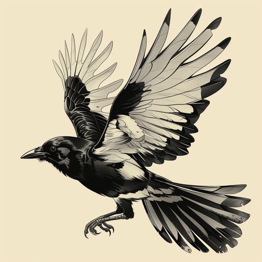 Dynamic sketch of a magpie swooping down with extended wings – IMAGELLA