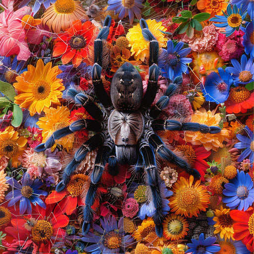 Tarantula resting in web with colorful flowers in background – IMAGELLA