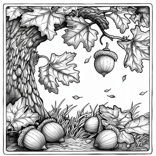 Acorns falling from oak tree. Coloring book page – IMAGELLA