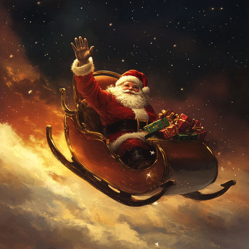 Santa Claus waving goodbye into the night sky with his sleigh full of ...