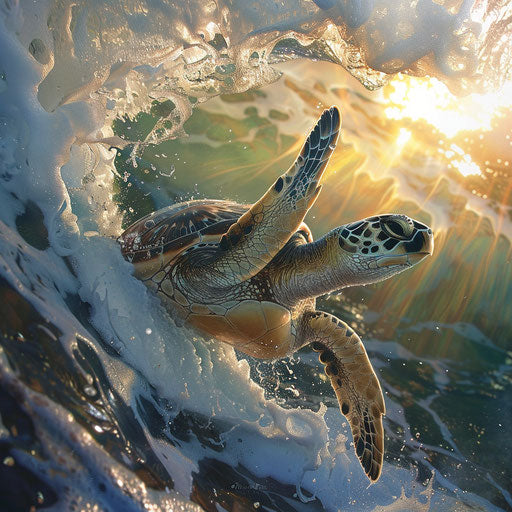A sea turtle against a backdrop of sunlit waves in the style of Tim ...