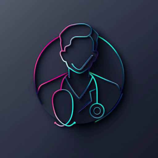 Futuristic doctor logo with neon elements on dark gray background ...