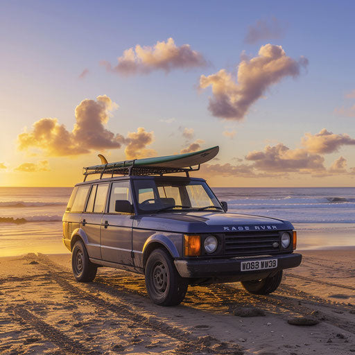 Vintage Range Rover with surfboards, sandy beach at sunset – IMAGELLA