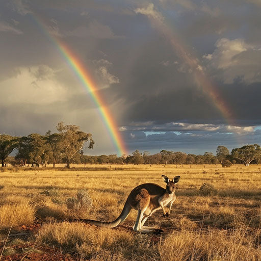 Western grey kangaroo grazing field rainbow after storm – IMAGELLA