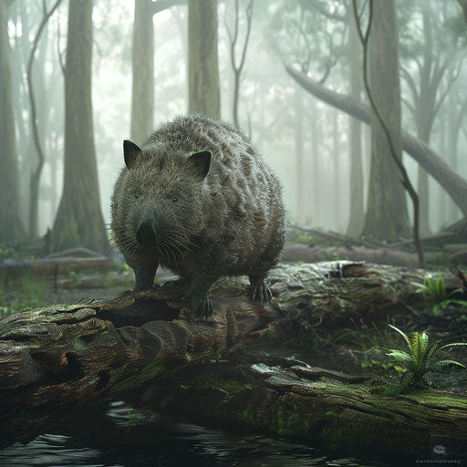 Wombat on fallen tree, with misty forest backdrop – IMAGELLA