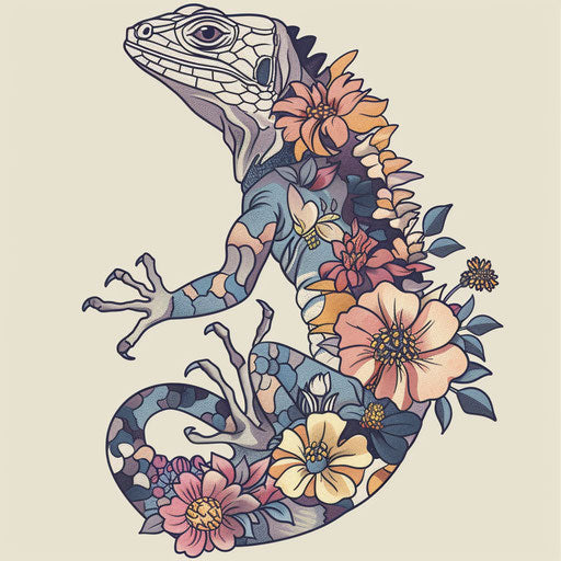 Elegant lizard tattoo sketch with floral patterns and soft pastel ...