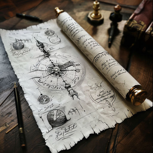 Flat tattoo sketch of a magic scroll unrolled with mysterious ...