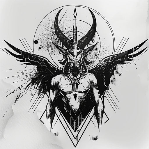 Stylized sketch of tattooed Lucifer with geometric patterns – IMAGELLA
