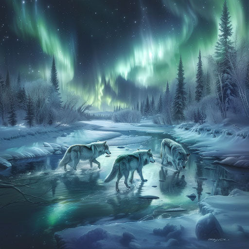Wolves crossing a frozen river under the northern lights – IMAGELLA