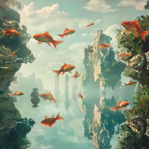 Surreal landscape with fish swimming through the air – IMAGELLA