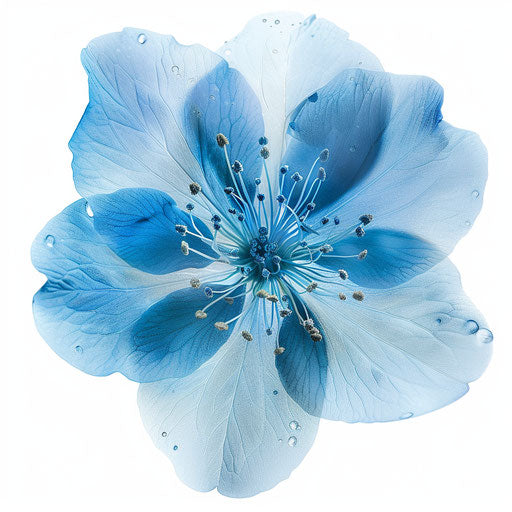 Realistic blue flower on flat white background, delicate textures ...