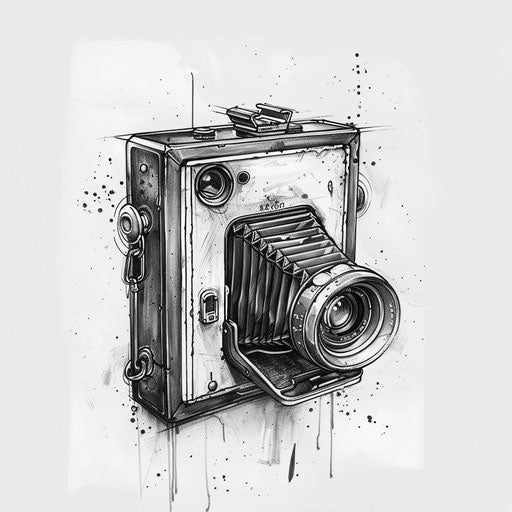 Nostalgic tattoo sketch of a vintage camera, grayscale with a hint of ...