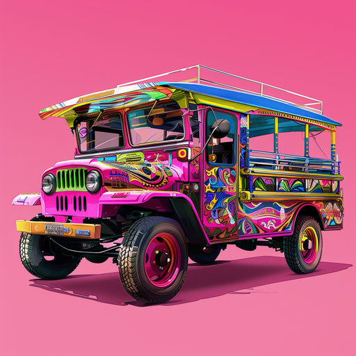Illustration of a jeepney on a bright magenta background – IMAGELLA