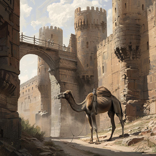 Camel at old fortress gates, bridge between modern and ancient – IMAGELLA
