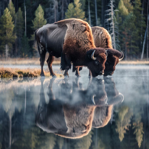 Reflection of wood bison drinking in a crystal-clear lake at dawn ...