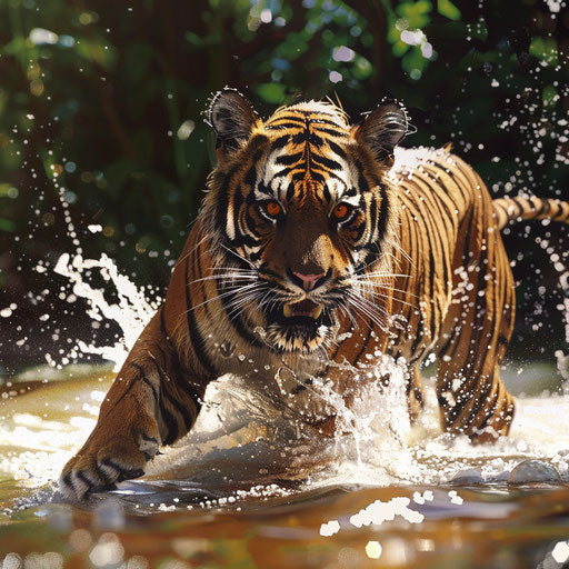 Sunda tiger chasing prey in shallow river with splashes – IMAGELLA
