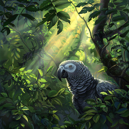 African grey parrot peeking out from behind dense forest leaves – IMAGELLA