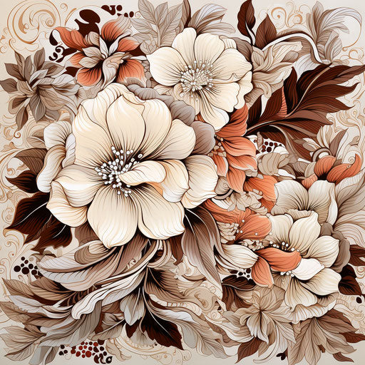 Floral drawing on beige background with leaves and flowers, dark brown ...