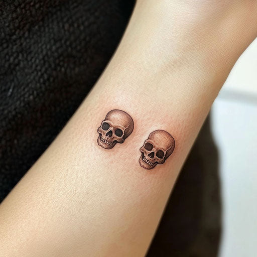 Small matching tattoos of tiny skulls in the style of Ed Hardy – IMAGELLA