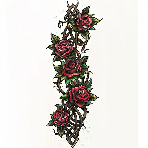 Romantic flat tattoo sketch of a rune intertwined with roses and vines ...