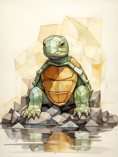 A small turtle in geometric cubism style on a flat surface – IMAGELLA