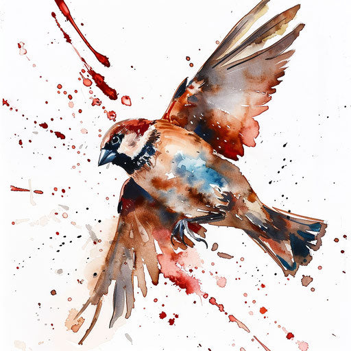 Sparrow in mid-flight, capturing motion with watercolor splashes, on ...